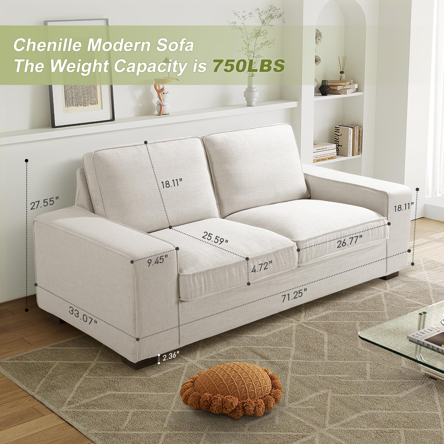 EASELAND 71.25" Loveseat Sofa Couch for Living Room, Chenille Modern Sofa Couch, Deep-Seated Sofa with Solid Wood, Metal and Removable Cover Easy to Install (2 Seats, Beige)
