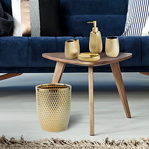 Modern Golden Small Trash Can Wastebasket, Garbage Container Bin for Bathrooms, Powder Rooms, Kitchens, Home Offices - Durable Ceramics - Round