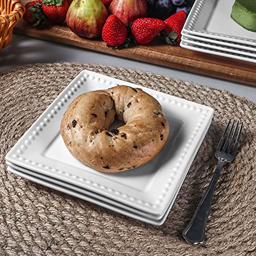 Wareland Bright White Embossed Dots Square Dessert Plates Set of 6, Ultra-fine Porcelain 6 inch Appetizer Plates, Farmhouse Salad Plates Set for Sides, Dessert, Snack, Small Heavy Duty Dinner Plates