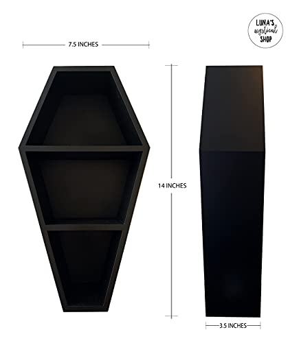 Luna's Mystical Coffin Shelf - Horror Gothic Decor - Black Floating Wooden Shelf for Wall or Table Top - Witchy Wall Decor- 14 Inches Tall by 7 Inches Wide