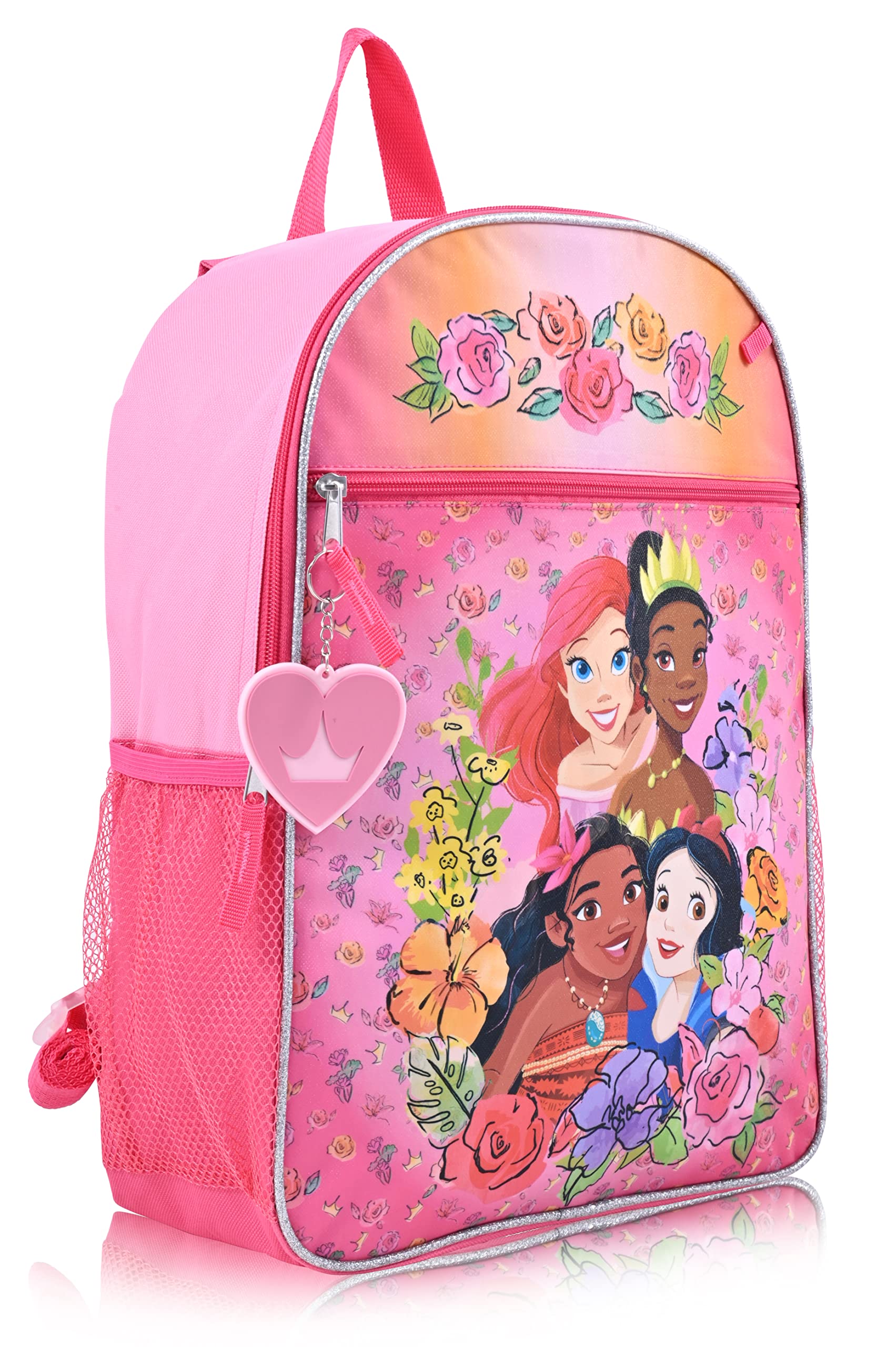 Disney Princess Girls Backpack for Little Kids | 6 Piece Set Girls Water Bottle Keychains Snack Tote and Knapsack for School