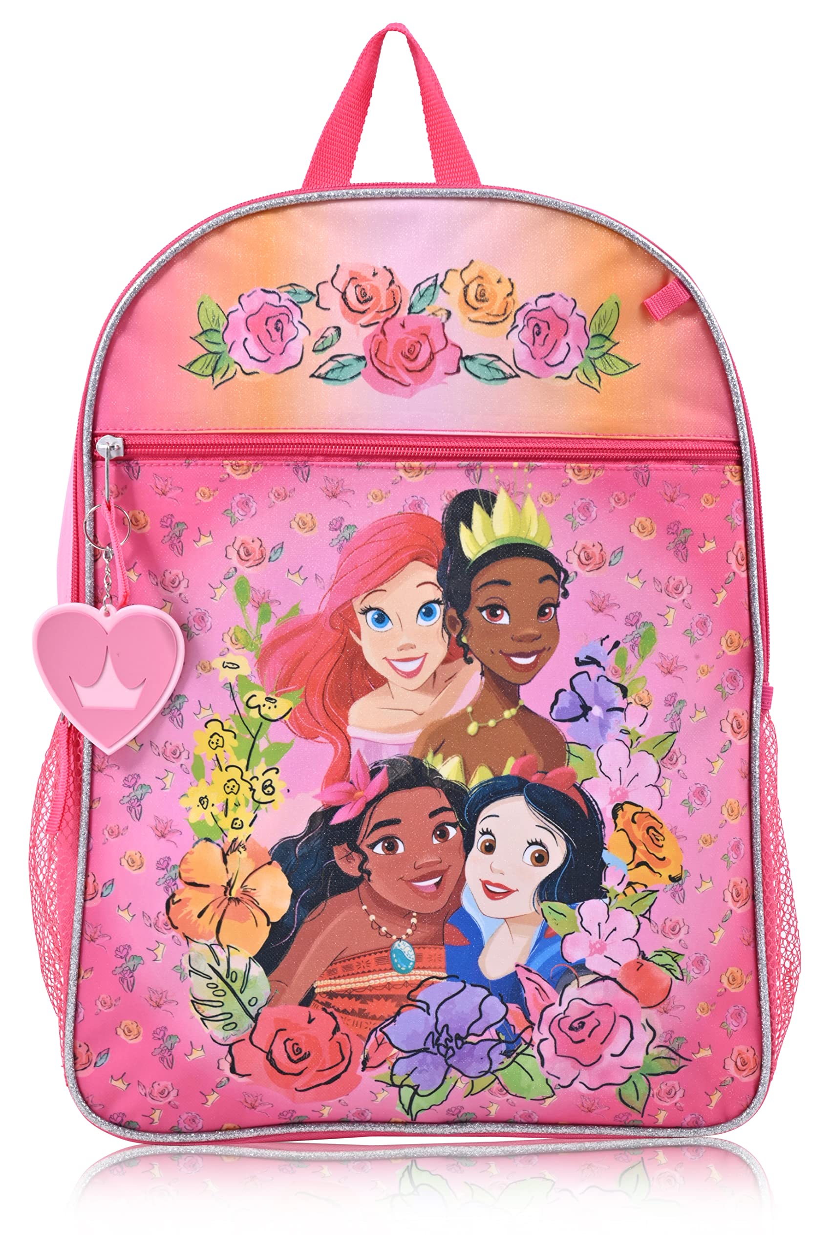 Disney Princess Girls Backpack for Little Kids | 6 Piece Set Girls Water Bottle Keychains Snack Tote and Knapsack for School