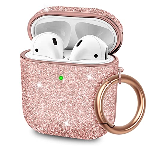 MOLOVA Bling Case for Airpods 1&2 Case,Hard Cover Glitter Rose Gold Luxury Leather with Gold-Plated Frame Shock Proof Cover with Keychain(Rose Gold)