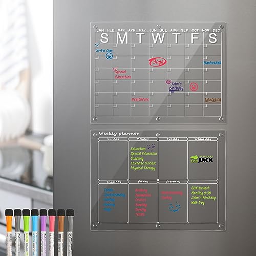 Printers Jack Magnetic Acrylic Calendar for Fridge, Clear Set of 2 Dry Erase Board Calendar for Fridge Reusable Planner with 8 Dry Erase Markers 7 Colors, Reusable Planning Board(16"x12"Inches)
