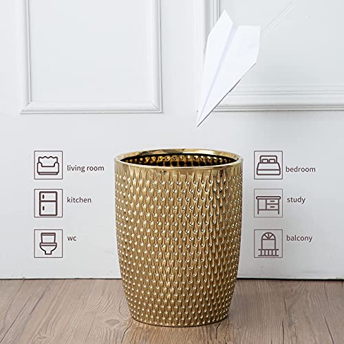 Modern Golden Small Trash Can Wastebasket, Garbage Container Bin for Bathrooms, Powder Rooms, Kitchens, Home Offices - Durable Ceramics - Round