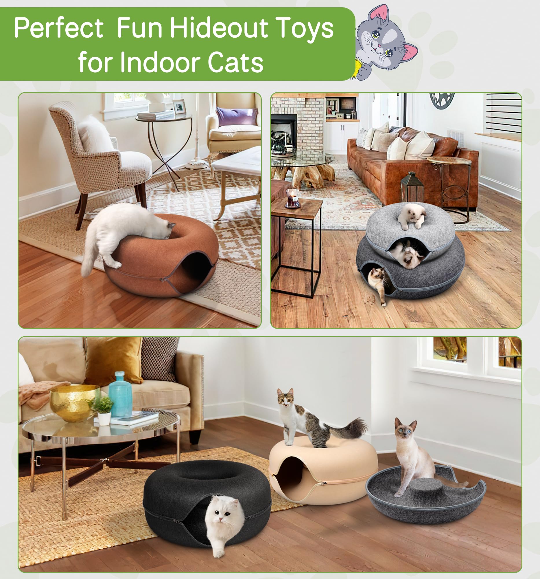MAMI&BABI Peekaboo Cat Cave for Indoor Cats, Cat Donut Cat Tunnel Bed, Scratch Resistant Cat Toys for Medium Large Cats up to 30 lbs