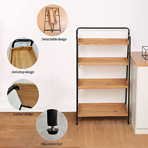 DAOYIJIAJU 4-Tier Ladder Shelf Metal Frame with Wood Rectangle Tray Standing Shelf Storage Units Industrial Organizer Shelves for Kitchen, Living Room, Office, Bedroom and Bathroom