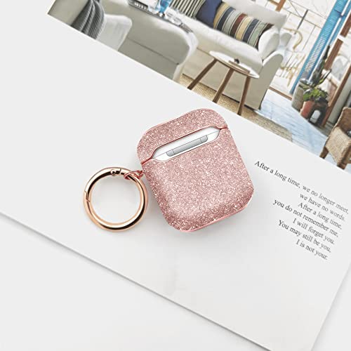 MOLOVA Bling Case for Airpods 1&2 Case,Hard Cover Glitter Rose Gold Luxury Leather with Gold-Plated Frame Shock Proof Cover with Keychain（Rose Gold）
