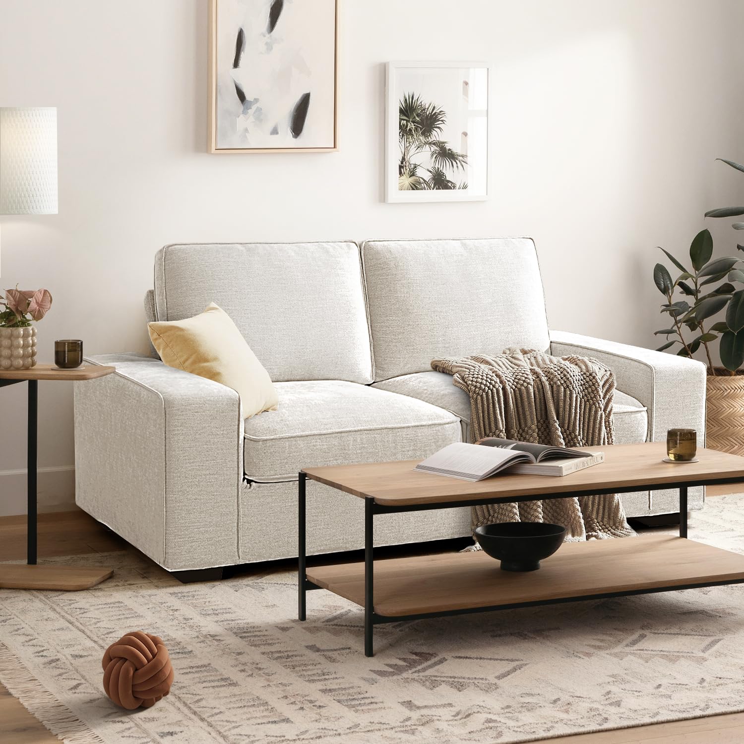 EASELAND 71.25" Loveseat Sofa Couch for Living Room, Chenille Modern Sofa Couch, Deep-Seated Sofa with Solid Wood, Metal and Removable Cover Easy to Install (2 Seats, Beige)