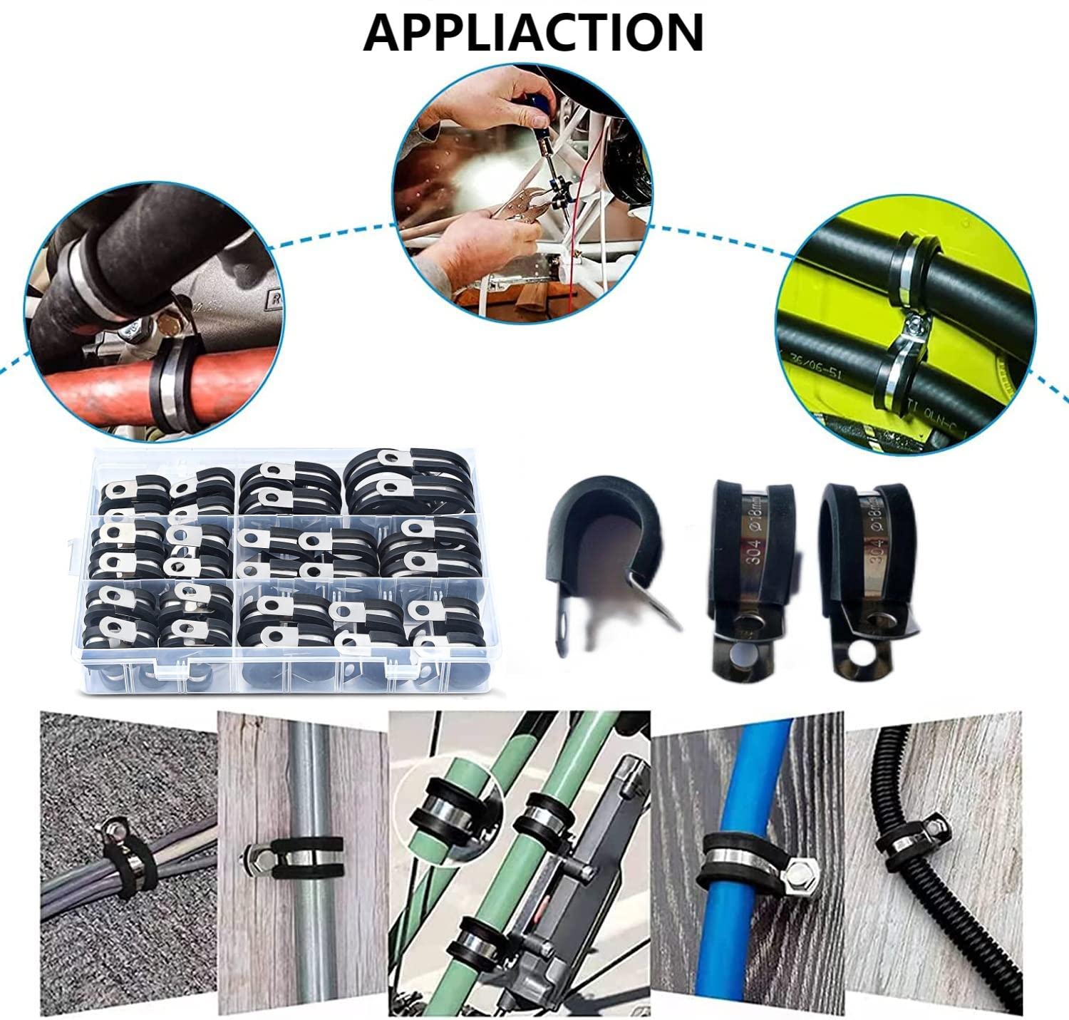 56PCS Large Cable Clamps Assortment Kit,304Stainless Steel Rubber Coated Cushioned Insulated Cable Clamps,Automotive Wire Clamps, Loop Pipe Clamps in 7 Sizes—3/4" 7/8" 1" 1-1/4" 1-1/2" 1-3/4" 2"