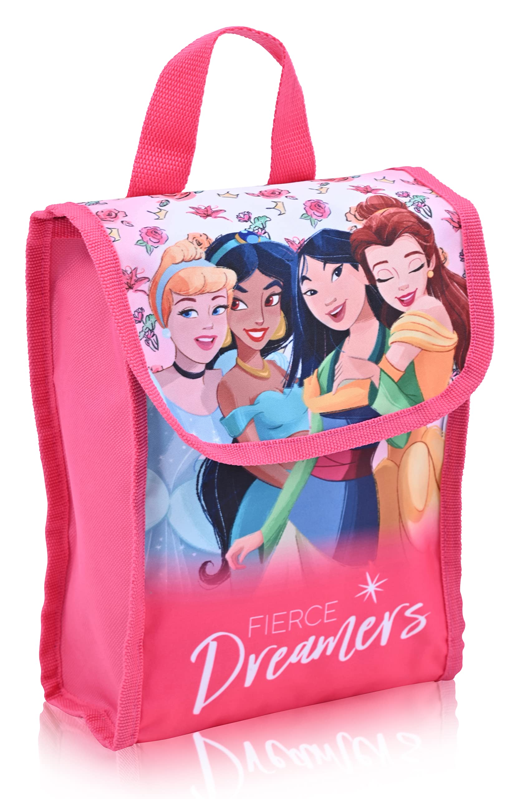 Disney Princess Girls Backpack for Little Kids | 6 Piece Set Girls Water Bottle Keychains Snack Tote and Knapsack for School