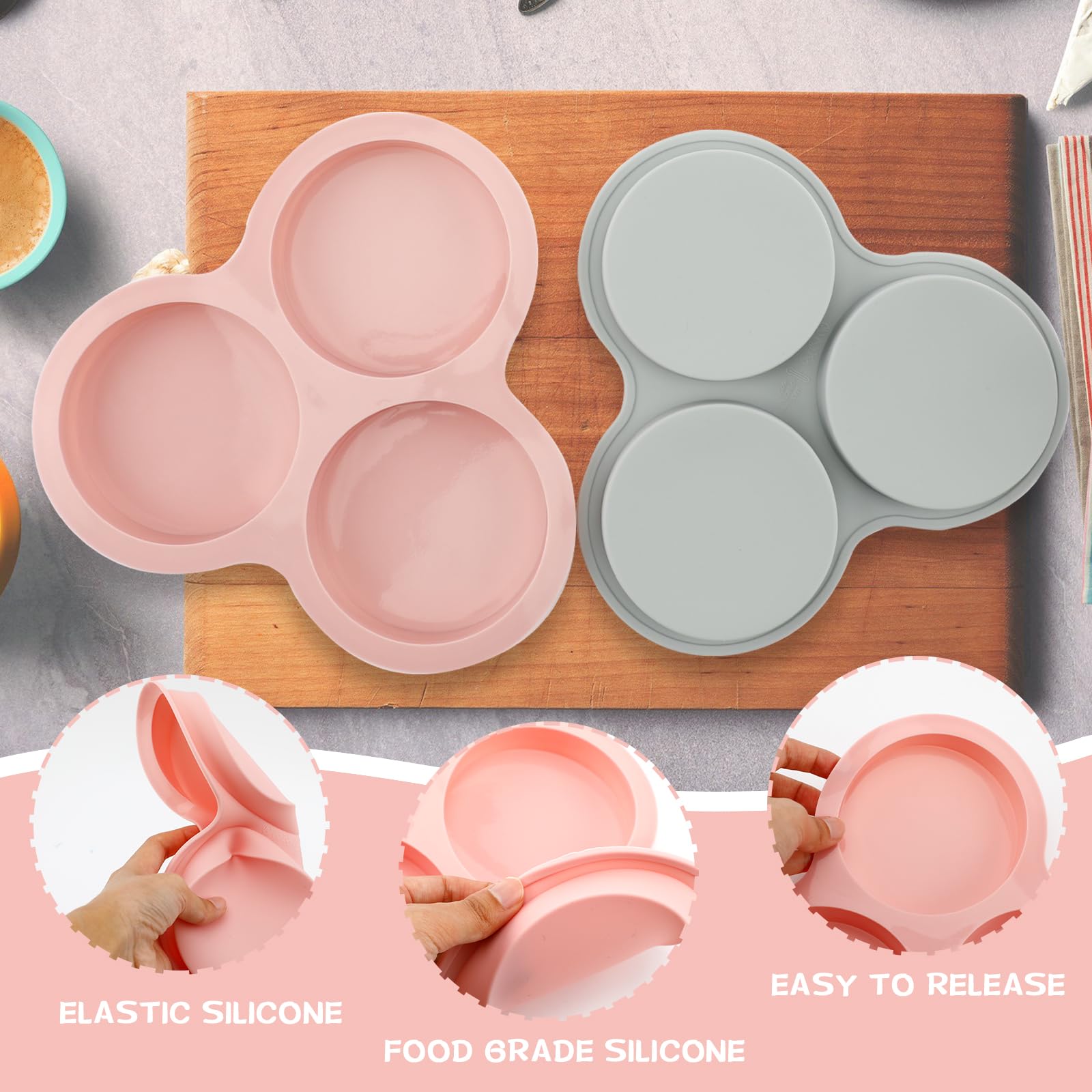 Hulajek 2 Pcs Silicone Air Fryer Egg Molds, Reusable Non-Stick Air Fryer Baking Pan, 3-Cavity Silicone Muffin Pan for Hamburger Bun Pan Air Fryer Accessories