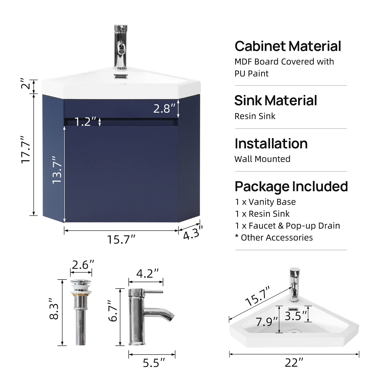 wonline 16" Corner Bathroom Vanity Sink Combo for Small Space Wall Mounted Cabinet Set Design Navy Resin Basin Sink Top Chrome Faucet and Drain