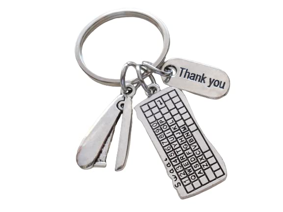 Computer Keyboard Charm Keychain with Stapler Charm & Thank You Charm; Secretary, Receptionist, Office Staff, or Employee Keychain