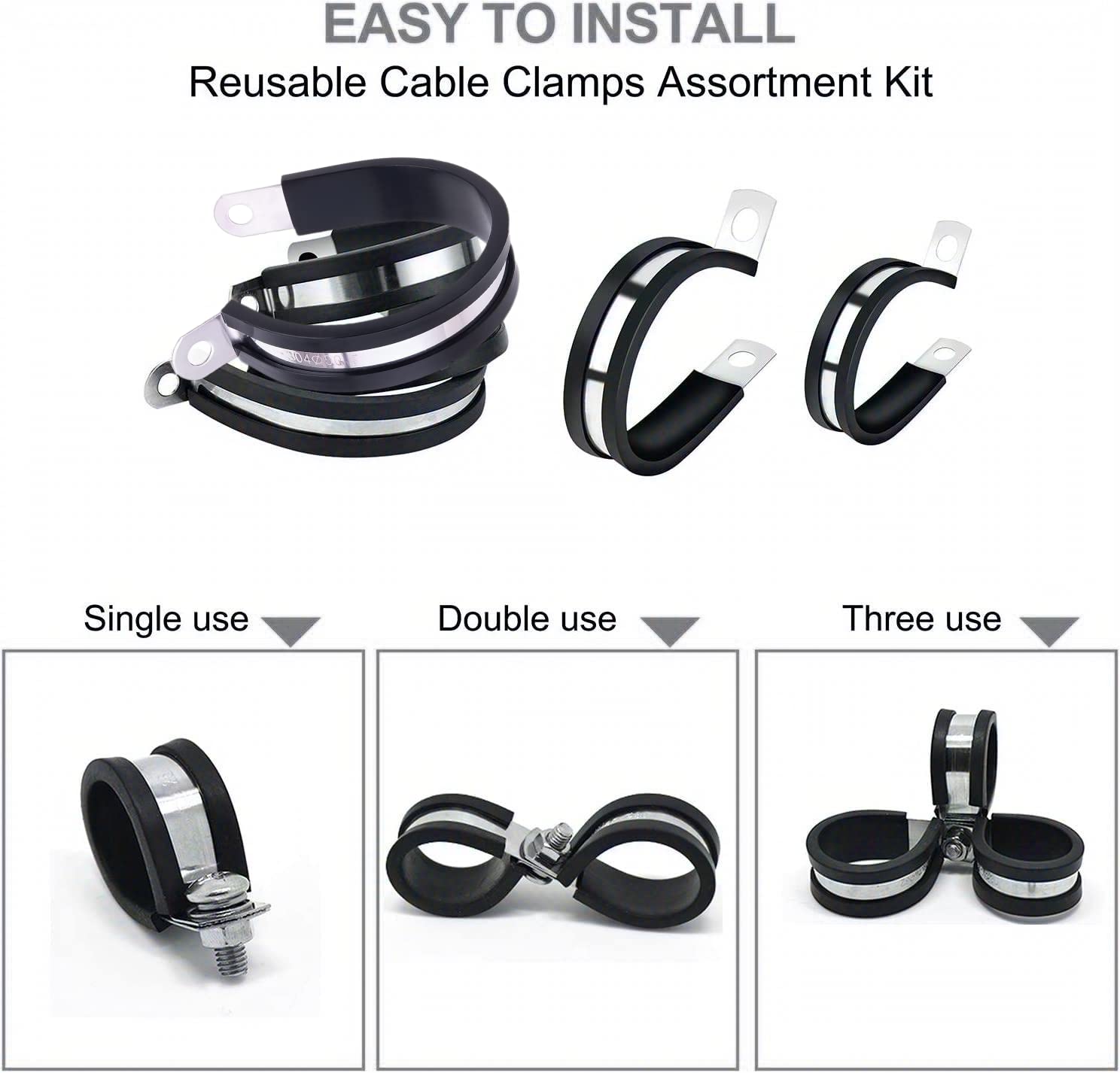 56PCS Large Cable Clamps Assortment Kit,304Stainless Steel Rubber Coated Cushioned Insulated Cable Clamps,Automotive Wire Clamps, Loop Pipe Clamps in 7 Sizes—3/4" 7/8" 1" 1-1/4" 1-1/2" 1-3/4" 2"