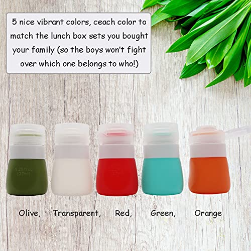 Ksooly 5-Pack 1.3Oz. Squeeze Salad Dressing Bottles with Cleaning Brush | Small Salad Dressing Container to Go | Portable Sauce Bottle Condiment Bottles | Food-grade Silicone, BPA Free