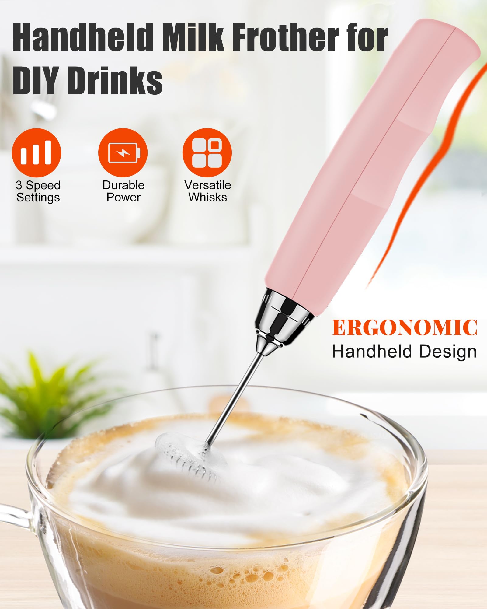 Milk Frother Handheld, USB Type-C Rechargeable Electric Whisk 3 Speed Adjustable, Coffee Frother Wand with 3 Stainless Whisks, Drink Mixer Blender for Latte Cappuccino Matcha Egg