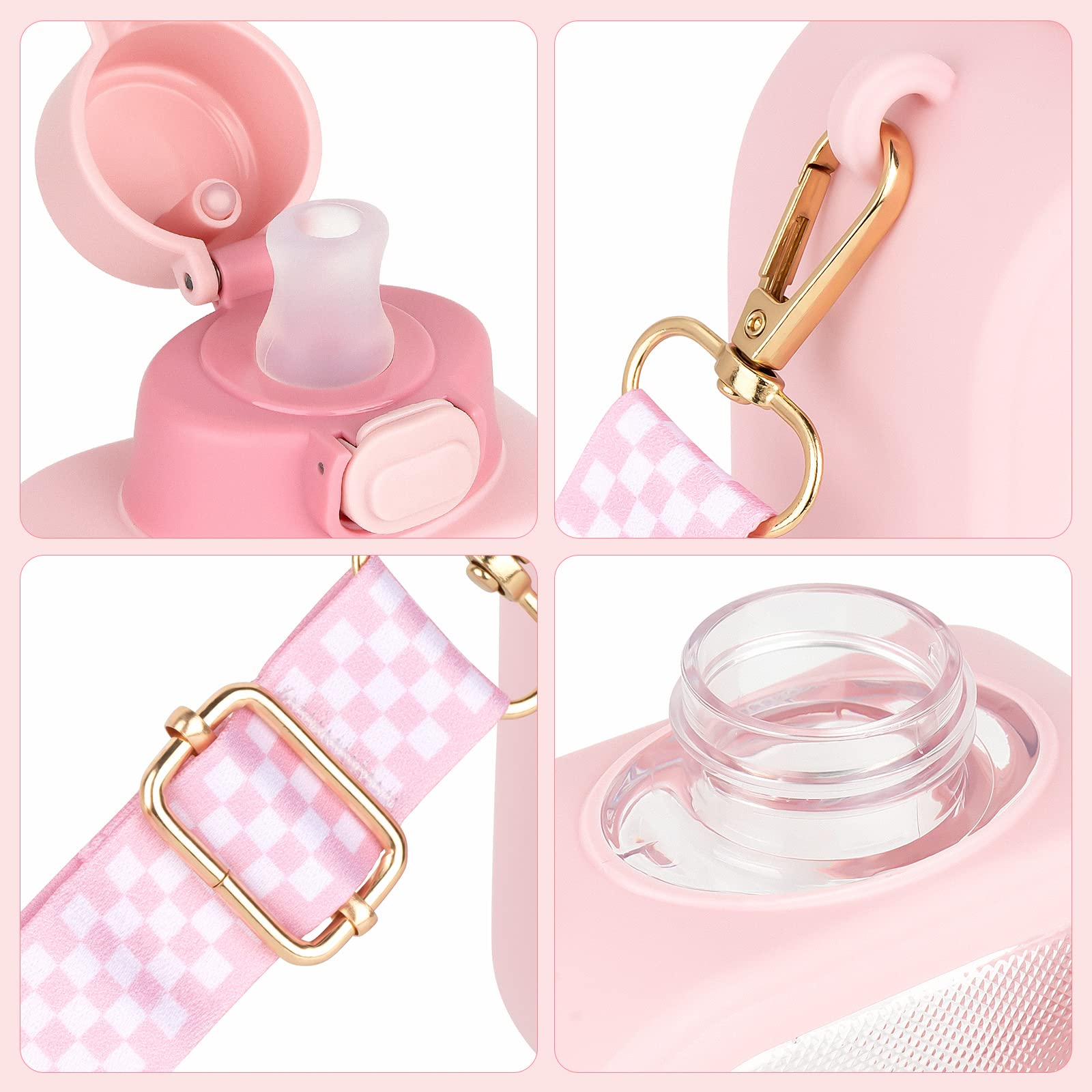 Adorila Square Water Bottle with Straw, Travel Transparent Canteen with Adjustable Strap, Leakproof Water Cup for Office School (Pink, 700ml)