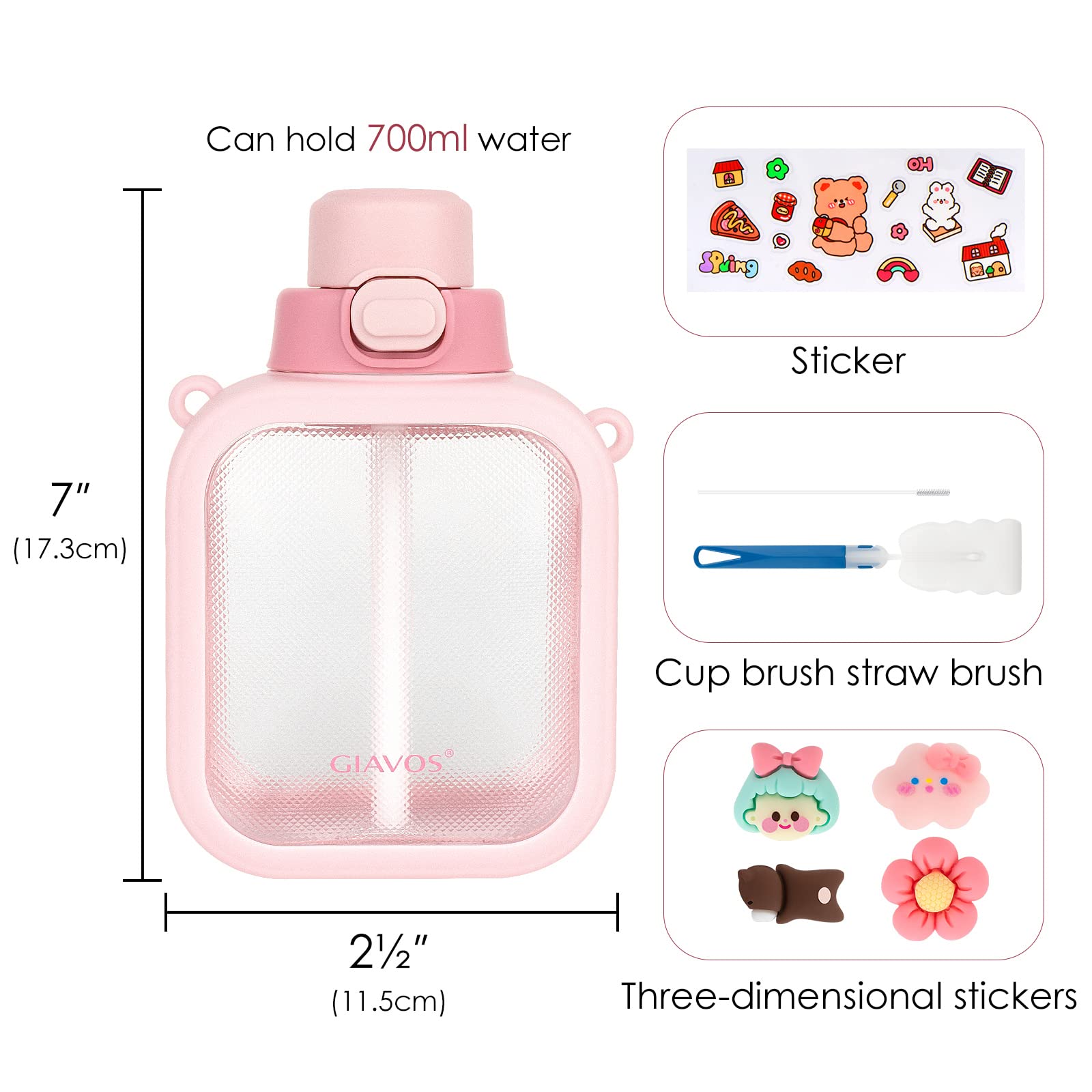 Adorila Square Water Bottle with Straw, Travel Transparent Canteen with Adjustable Strap, Leakproof Water Cup for Office School (Pink, 700ml)