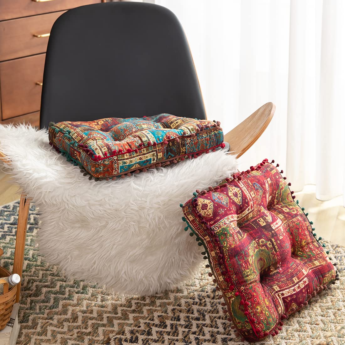 vctops Christmas Red Bohemian Patchwork Square Chair Seat Cushions for Dining Kitchen Office Chairs Patio Soft Cotton Linen Chair Pads (Red,16"x16")