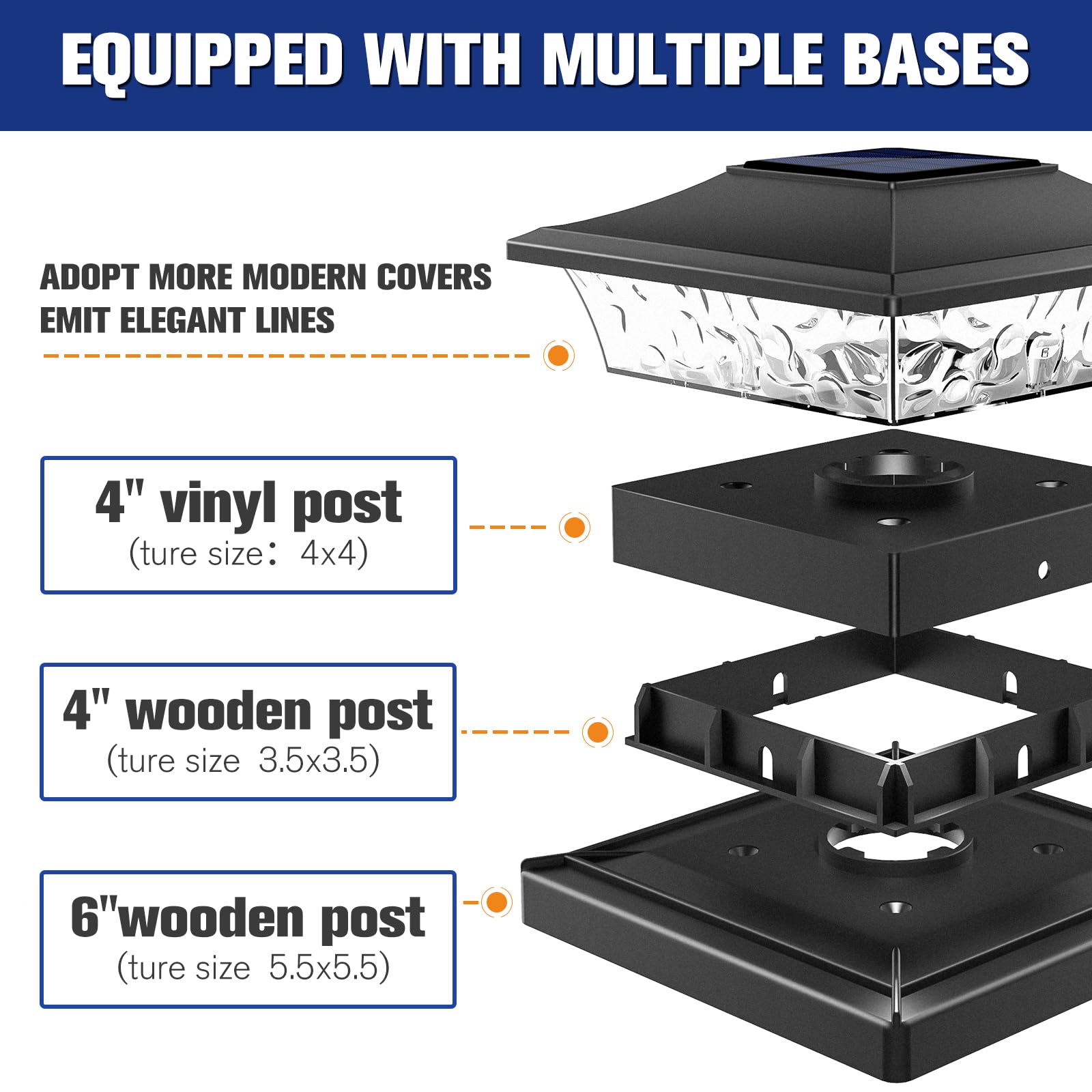 VOLISUN Solar Post Cap Lights Outdoor 4x4/6x6 Wooden/Vinyl Fence Post Cap Lights Solar Deck Post Lights Patio Garden,Warm White 2 Lighting Modes Waterproof,ABS Shell Lens Black (6 Pack)