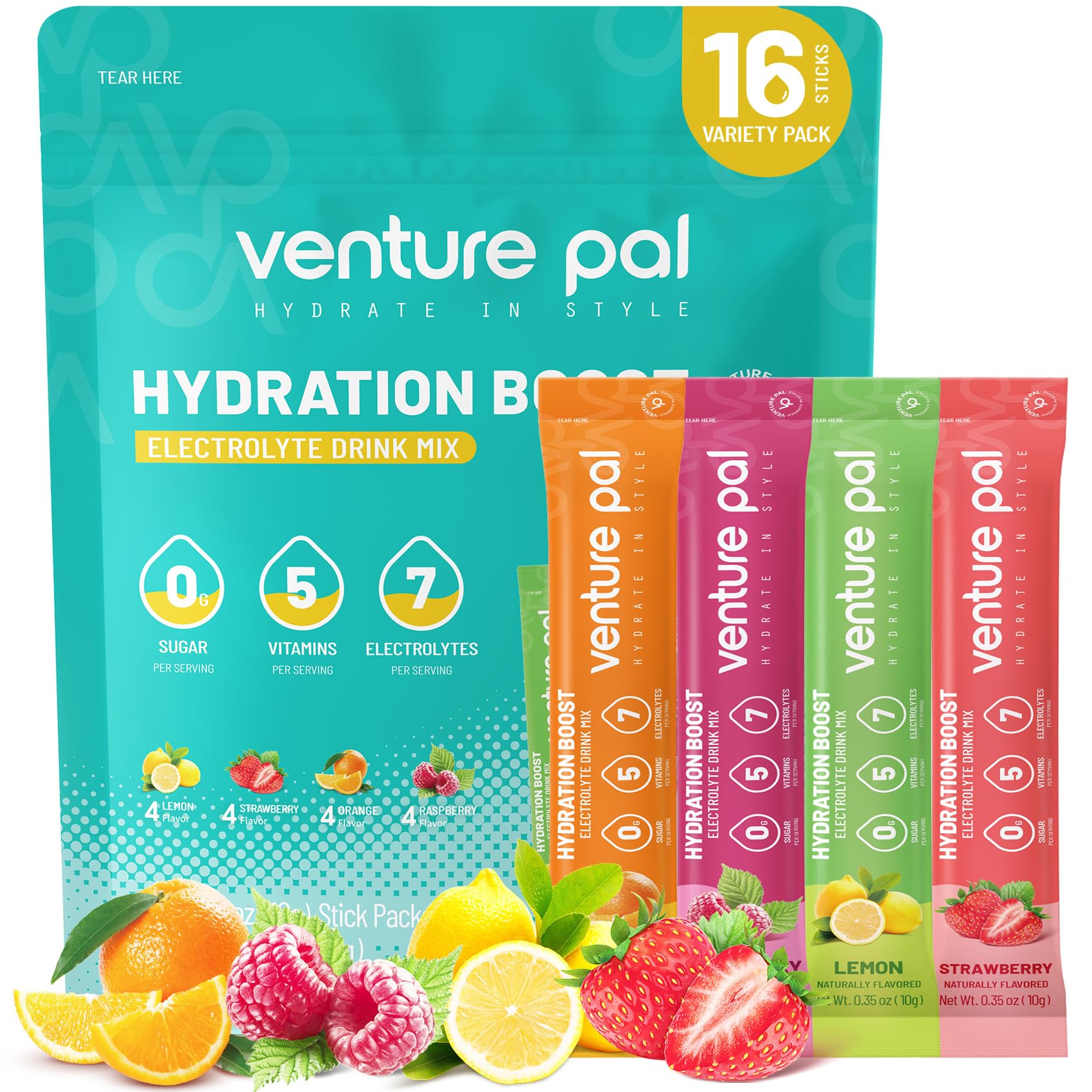 Venture Pal Sugar Free Electrolyte Powder Packets - Liquid Daily IV Drink Mix for Rapid Hydration & Party Recovery | 5 Vitamins & 7 Electrolytes| Keto Friendly | Non-GMO | Certified Vegan | 16 Sticks