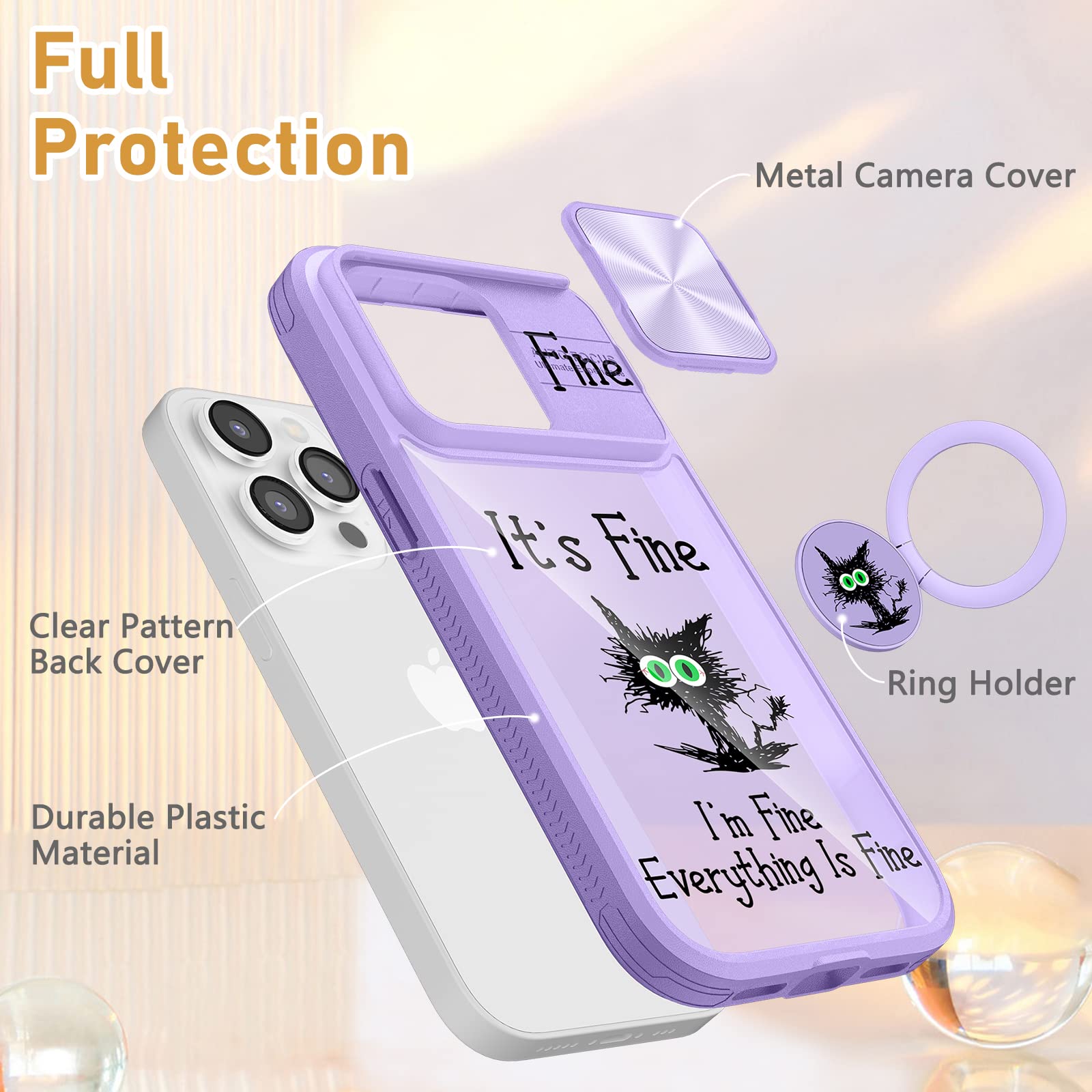 Plakill for iPhone 13 Pro Max Case Cute Stylish Designer Phone Cover with Slide Camera Cover + Ring Holder, Fine Cat Slim Protective Shockproof Hard Clear Cases for iPhone 13 Pro Max 6.7"