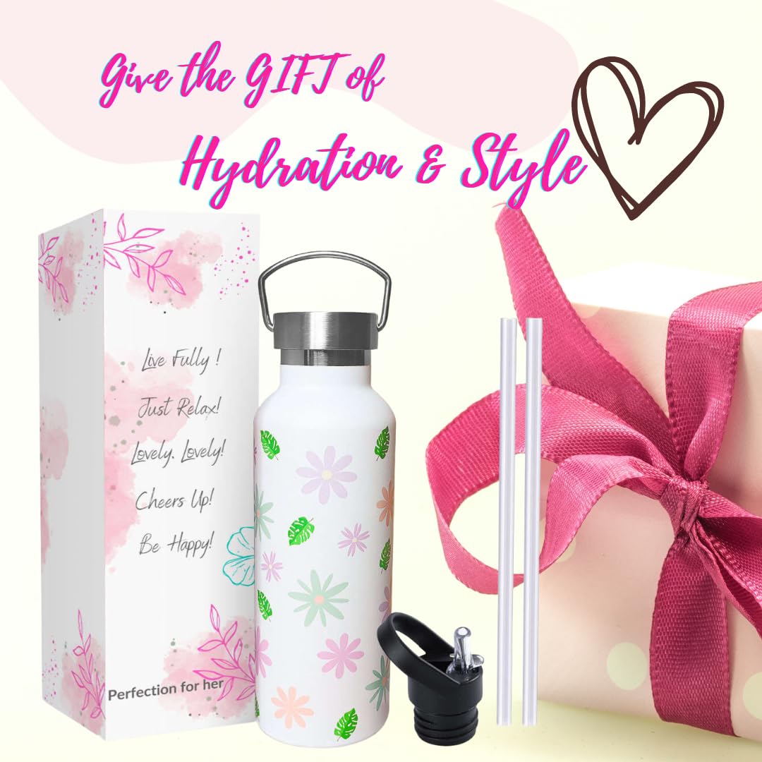Stainless Steel Water Bottles β Insulated Bottles - Water Bottle with Straw - 2 Lids -1 Gift Box - 20 Oz - air up Water Bottle - Hot/Cold - Gift for her - Preppy Stuff (Flowers)