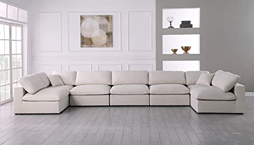 Meridian Furniture Plush Collection Contemporary Down Filled Cloud-Like Comfort Overstuffed Velvet Upholstered Modular U-Shaped Sectional, 7-Seater, Armless, Cream