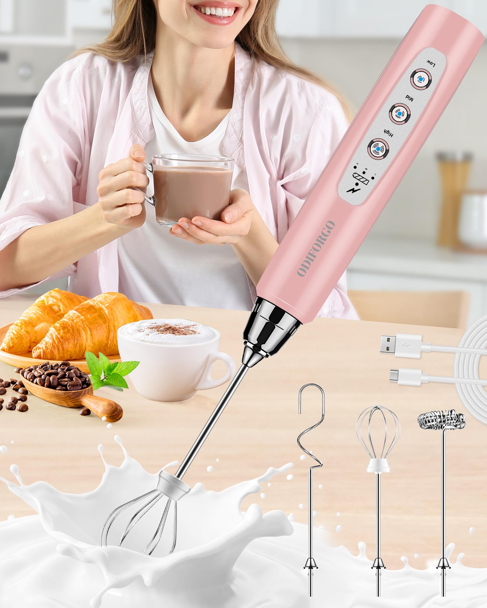 Milk Frother Handheld, USB Type-C Rechargeable Electric Whisk 3 Speed Adjustable, Coffee Frother Wand with 3 Stainless Whisks, Drink Mixer Blender for Latte Cappuccino Matcha Egg