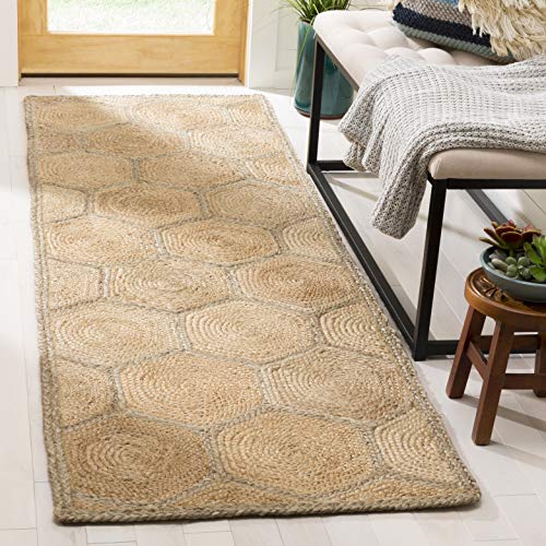 SAFAVIEH Natural Fiber Collection Runner Rug - 2'6" x 12', Natural & Grey, Handmade Honeycomb Woven Jute, Ideal for High Traffic Areas in Living Room, Bedroom (NF882B)