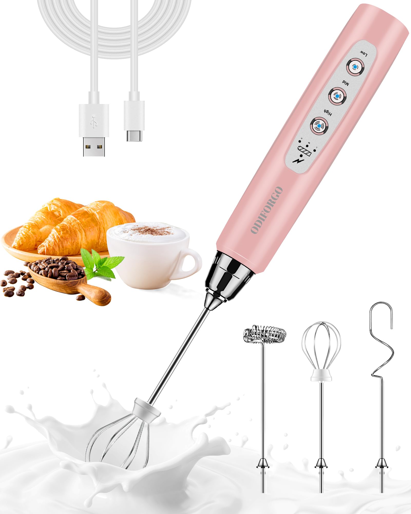 Milk Frother Handheld, USB Type-C Rechargeable Electric Whisk 3 Speed Adjustable, Coffee Frother Wand with 3 Stainless Whisks, Drink Mixer Blender for Latte Cappuccino Matcha Egg