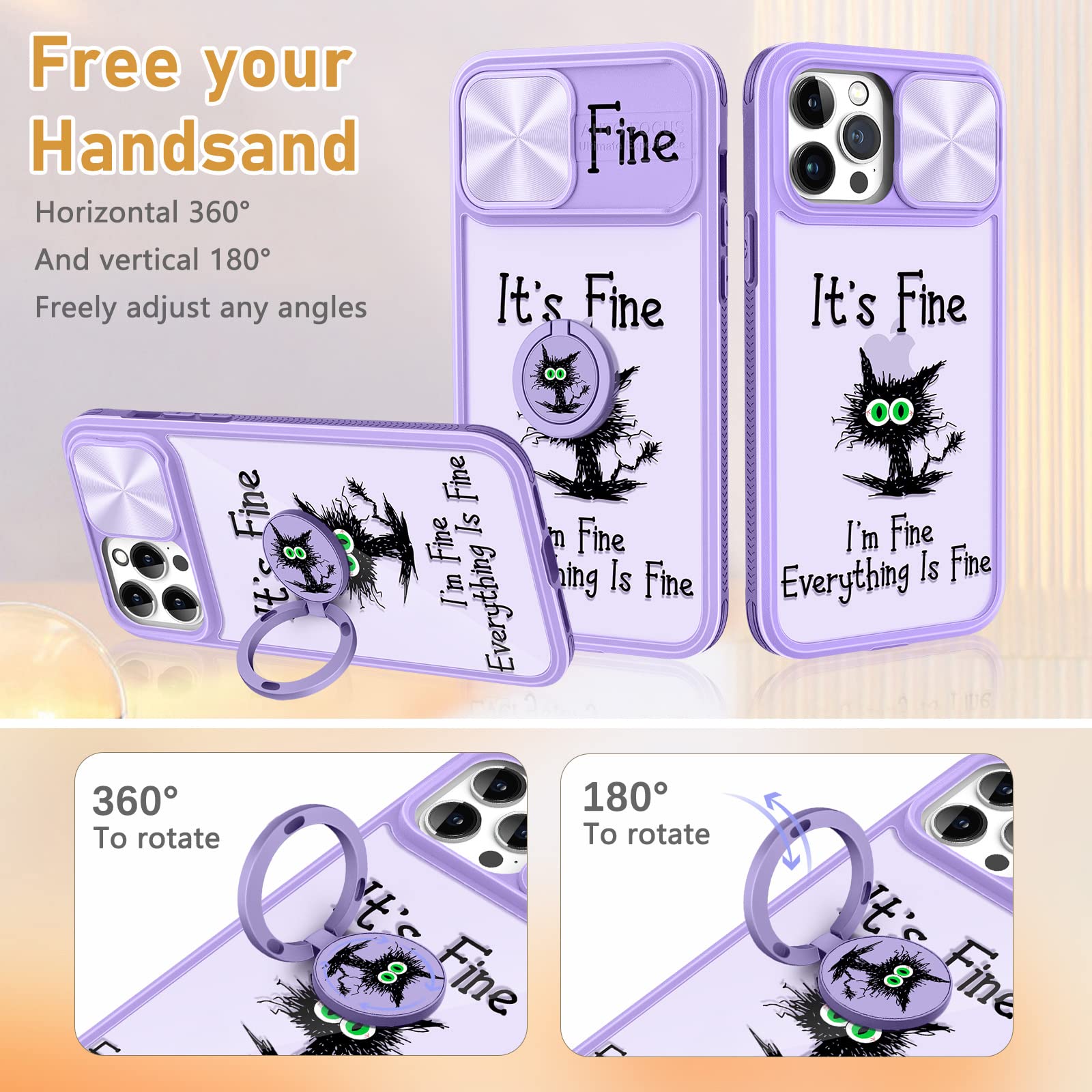 Plakill for iPhone 13 Pro Max Case Cute Stylish Designer Phone Cover with Slide Camera Cover + Ring Holder, Fine Cat Slim Protective Shockproof Hard Clear Cases for iPhone 13 Pro Max 6.7"