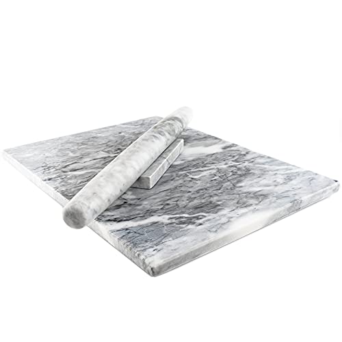 Marble Cutting Board for Kitchen, Serving, Pastry, Charcuterie, Cheese - 16” x 12” and 16” Marble Rolling Pin Combo - Nonslip Feet for Stability - Accessories For Bakers, Gift Home Decor ideas