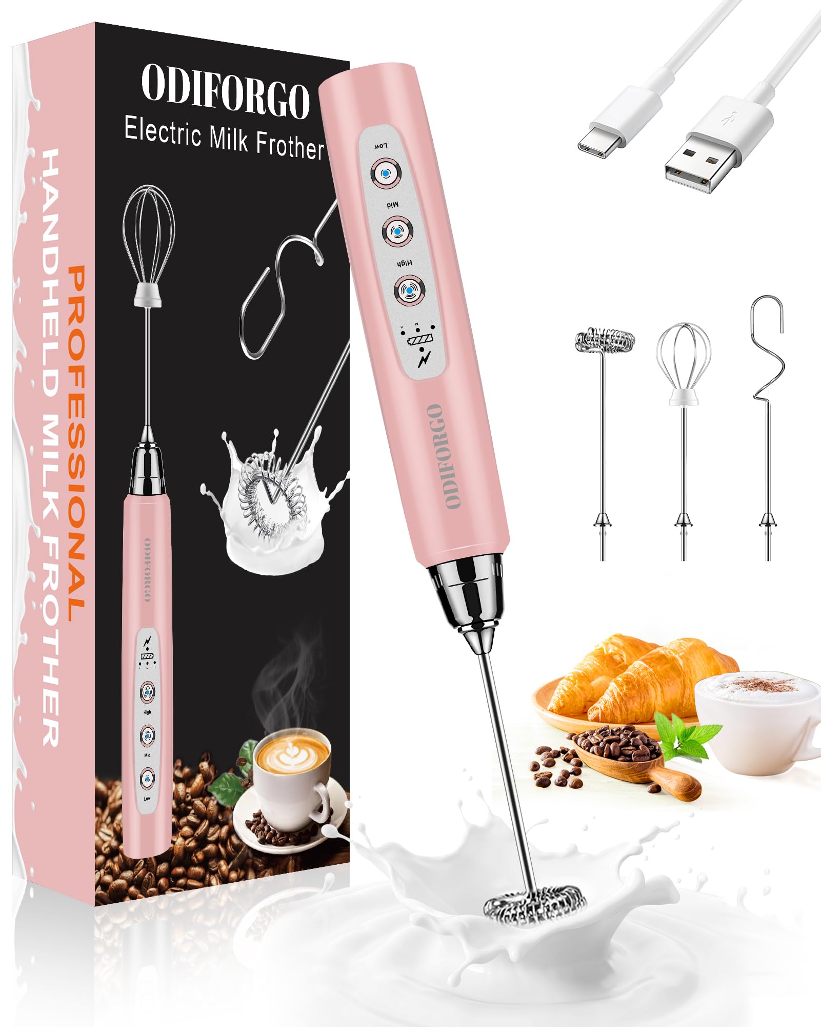 Milk Frother Handheld, USB Type-C Rechargeable Electric Whisk 3 Speed Adjustable, Coffee Frother Wand with 3 Stainless Whisks, Drink Mixer Blender for Latte Cappuccino Matcha Egg