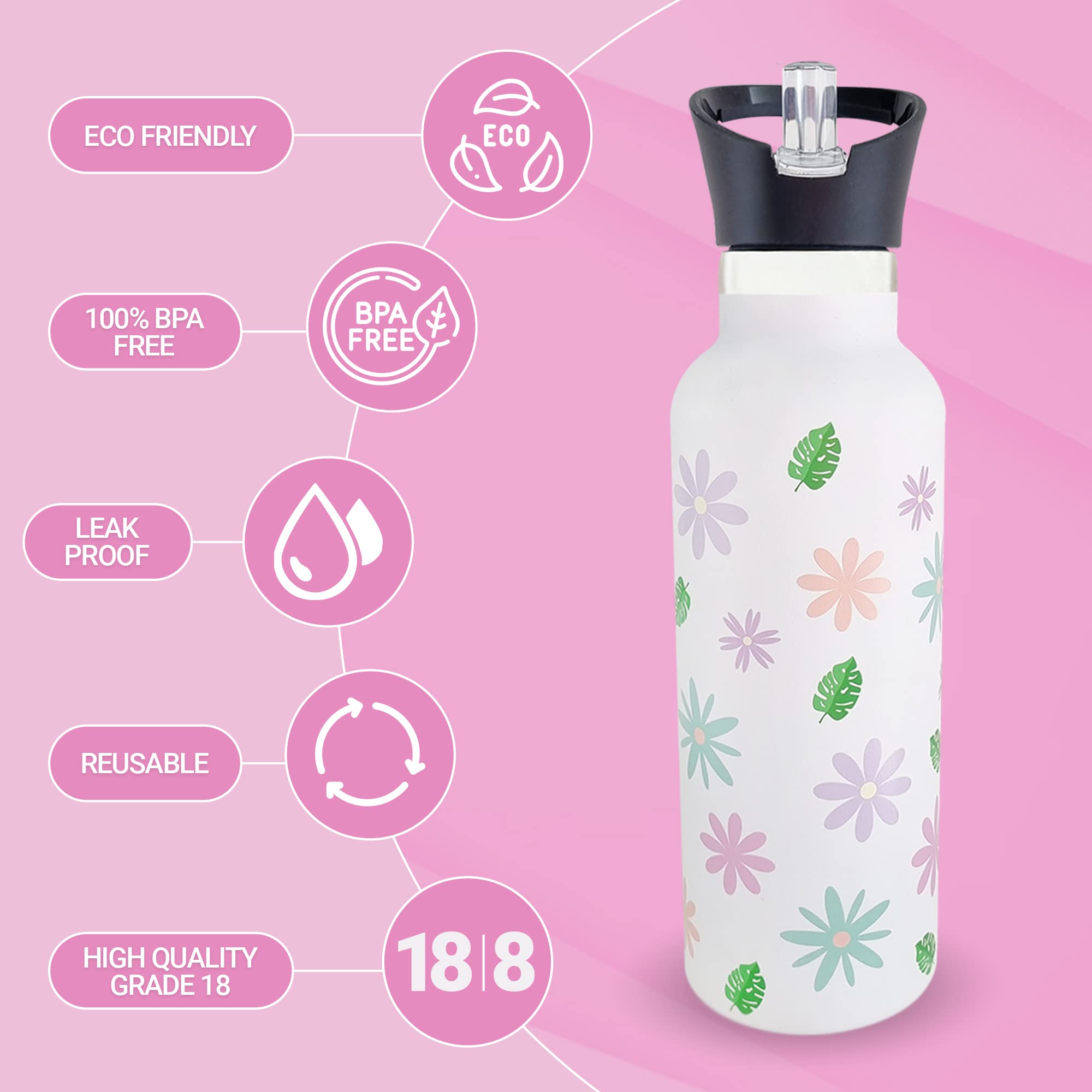 Stainless Steel Water Bottles β Insulated Bottles - Water Bottle with Straw - 2 Lids -1 Gift Box - 20 Oz - air up Water Bottle - Hot/Cold - Gift for her - Preppy Stuff (Flowers)
