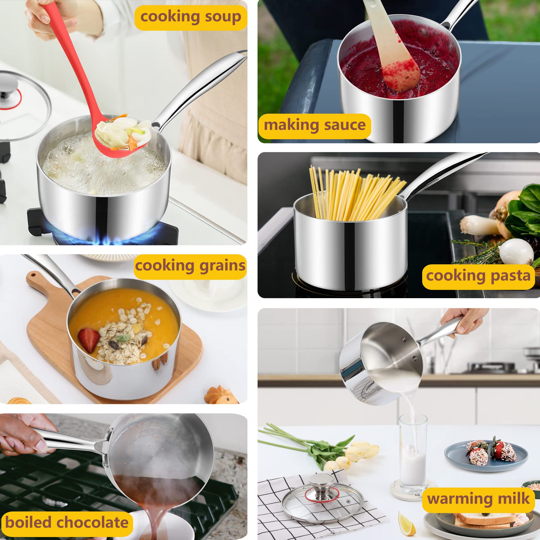 LIANYU 1QT Saucepan, Tri-Ply 18/10 Stainless Steel Sauce Pan with Lid, 1 Quart Cooking Pot for Pasta Soup, Small Induction Cookware with Ergonomic Handle, Heavy Duty, Dishwasher Safe