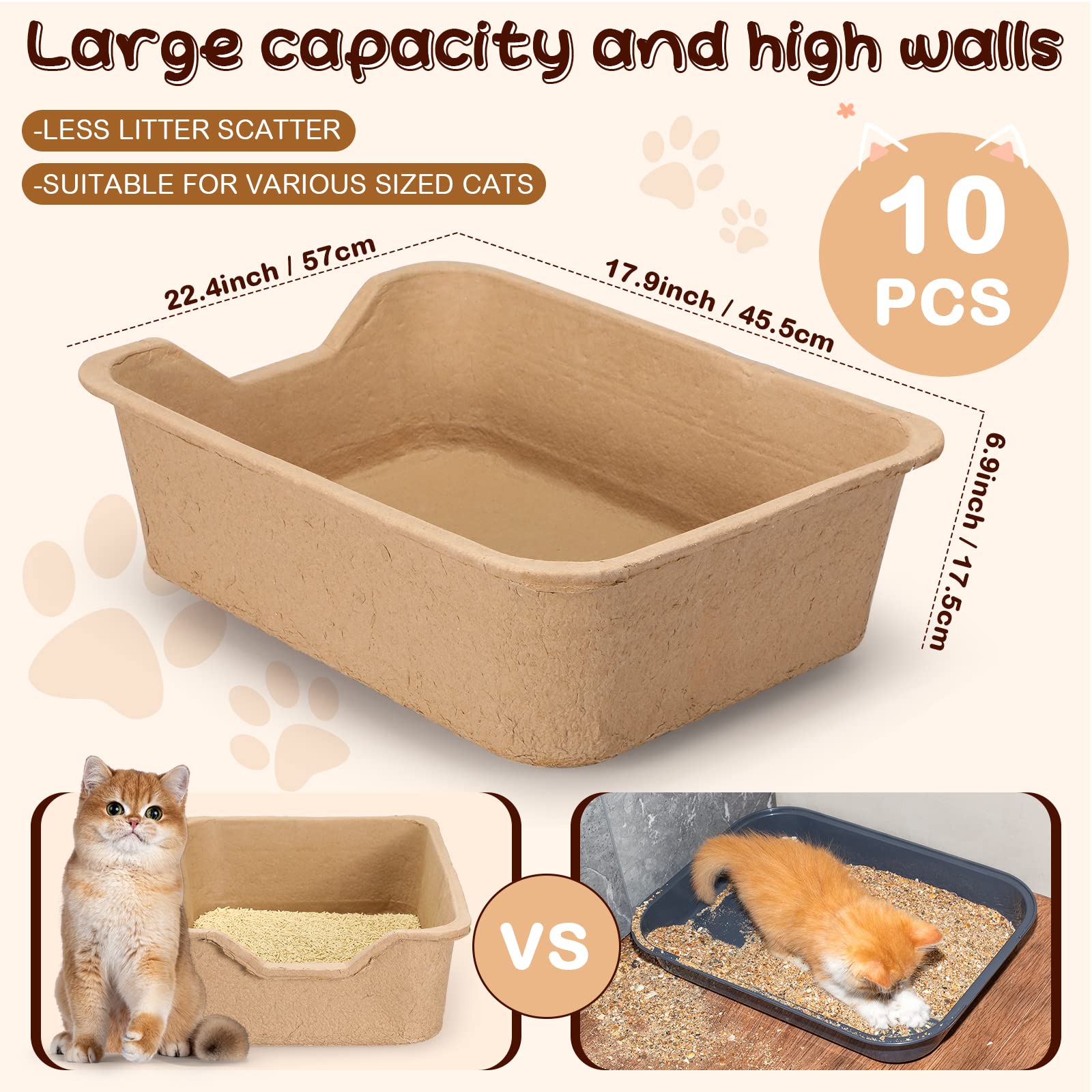 Harloon 10 Pack Extra Large Disposable Cat Litter Box 22.4 x 17.9 x 6.9'' Paper Cat Litter Tray Pet Litter Pan Large Disposable for Cats Rabbits Sturdy Portable Litter Liners Box Indoor Outdoor Travel