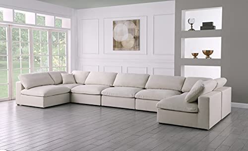 Meridian Furniture Plush Collection Contemporary Down Filled Cloud-Like Comfort Overstuffed Velvet Upholstered Modular U-Shaped Sectional, 7-Seater, Armless, Cream