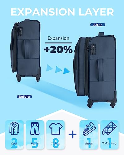 BAGSMART Underseat Carry On luggage Airline approved, 16-inch Softside Underseater Travel Suitcase with Spinner Wheels (03-Blue, Carry-on 20 Inch)