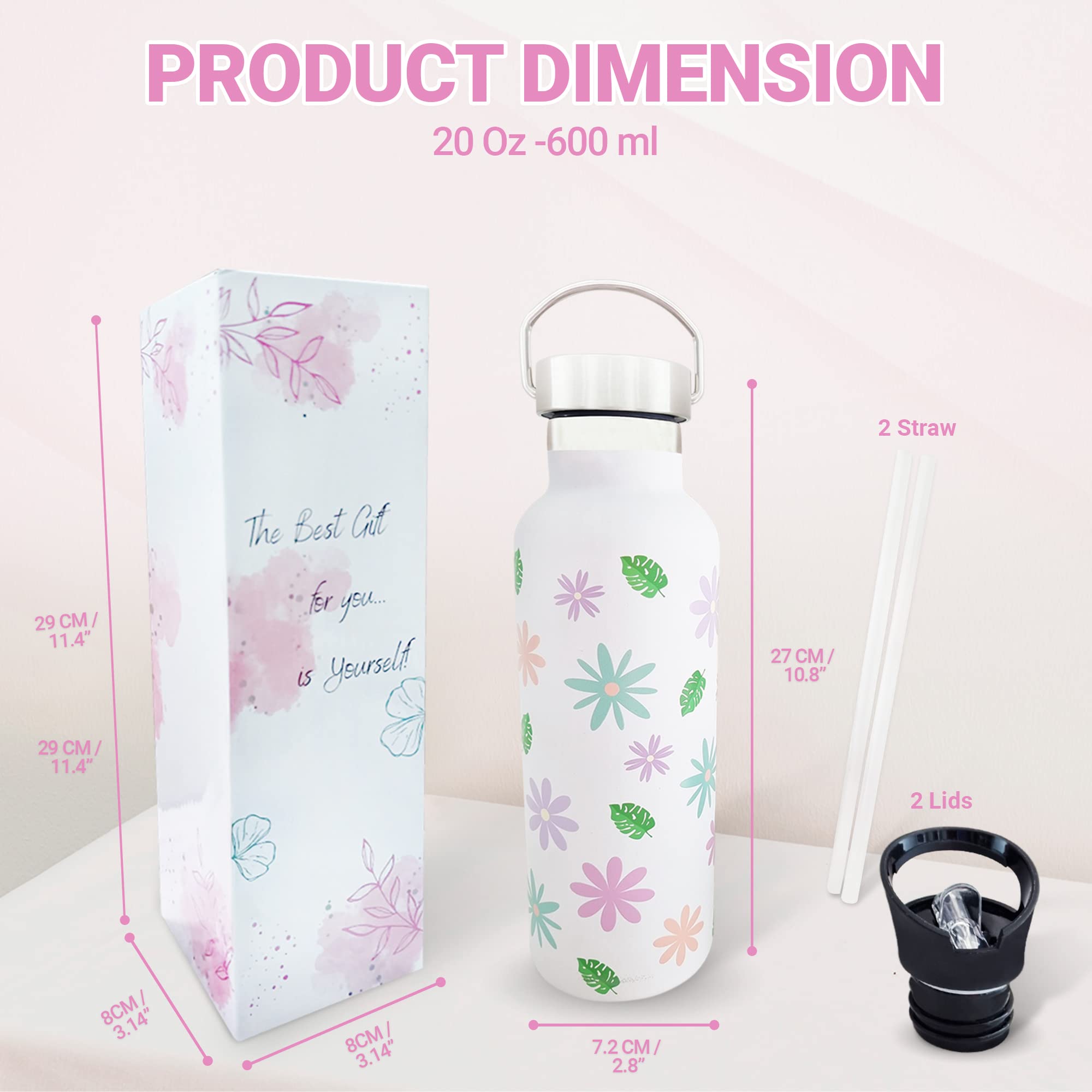 Stainless Steel Water Bottles β Insulated Bottles - Water Bottle with Straw - 2 Lids -1 Gift Box - 20 Oz - air up Water Bottle - Hot/Cold - Gift for her - Preppy Stuff (Flowers)