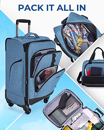 BAGSMART Underseat Carry On luggage Airline approved, 16-inch Softside Underseater Travel Suitcase with Spinner Wheels (03-Blue, Carry-on 20 Inch)
