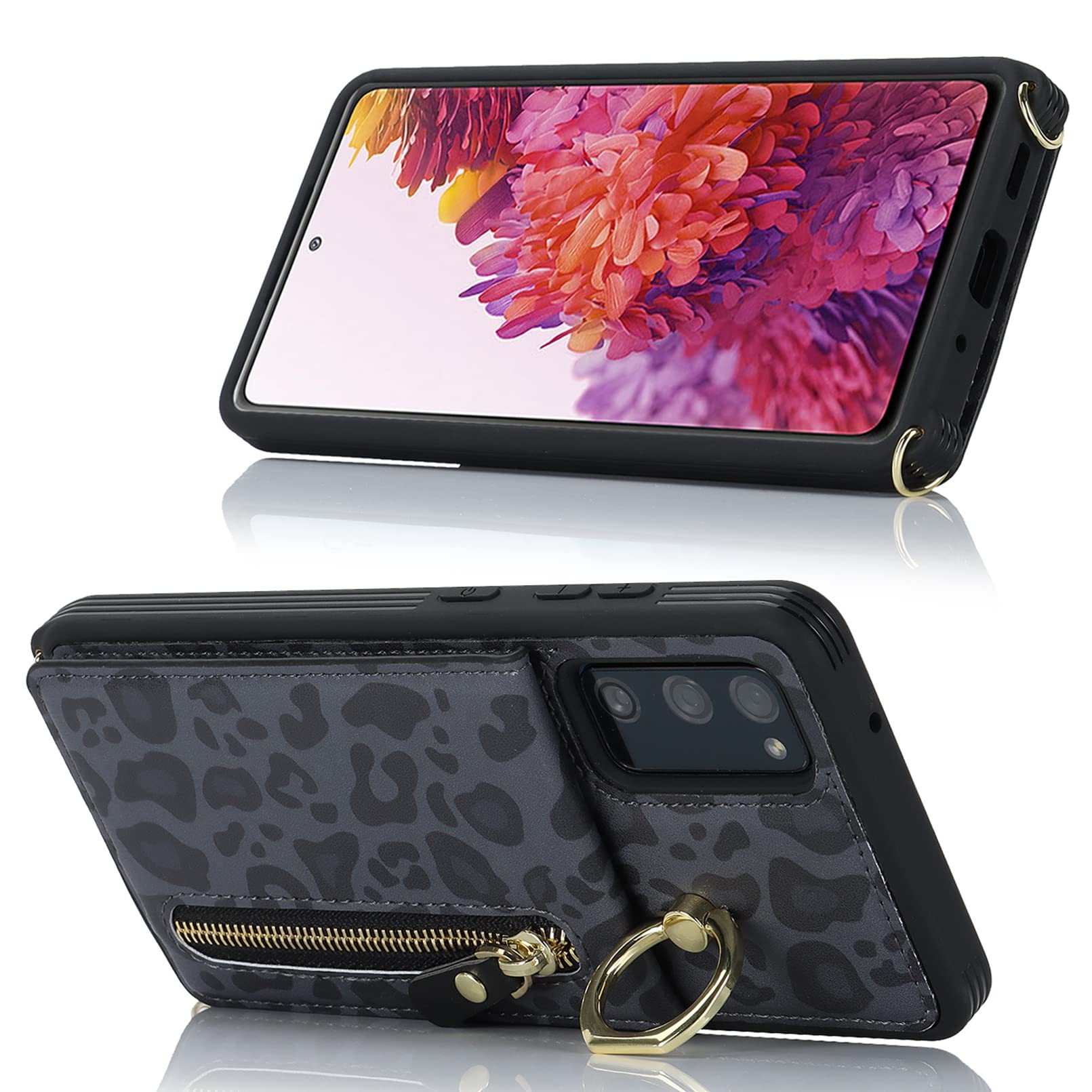 Jaorty for Samsung Galaxy S20 FE 5G Phone Case for Women with Card Holder,Galaxy S20 FE Case Wallet Crossbody Lanyard with Strap,Credit Card Slots Kickstand Case with Ring Holder,6.5",Black Leopard
