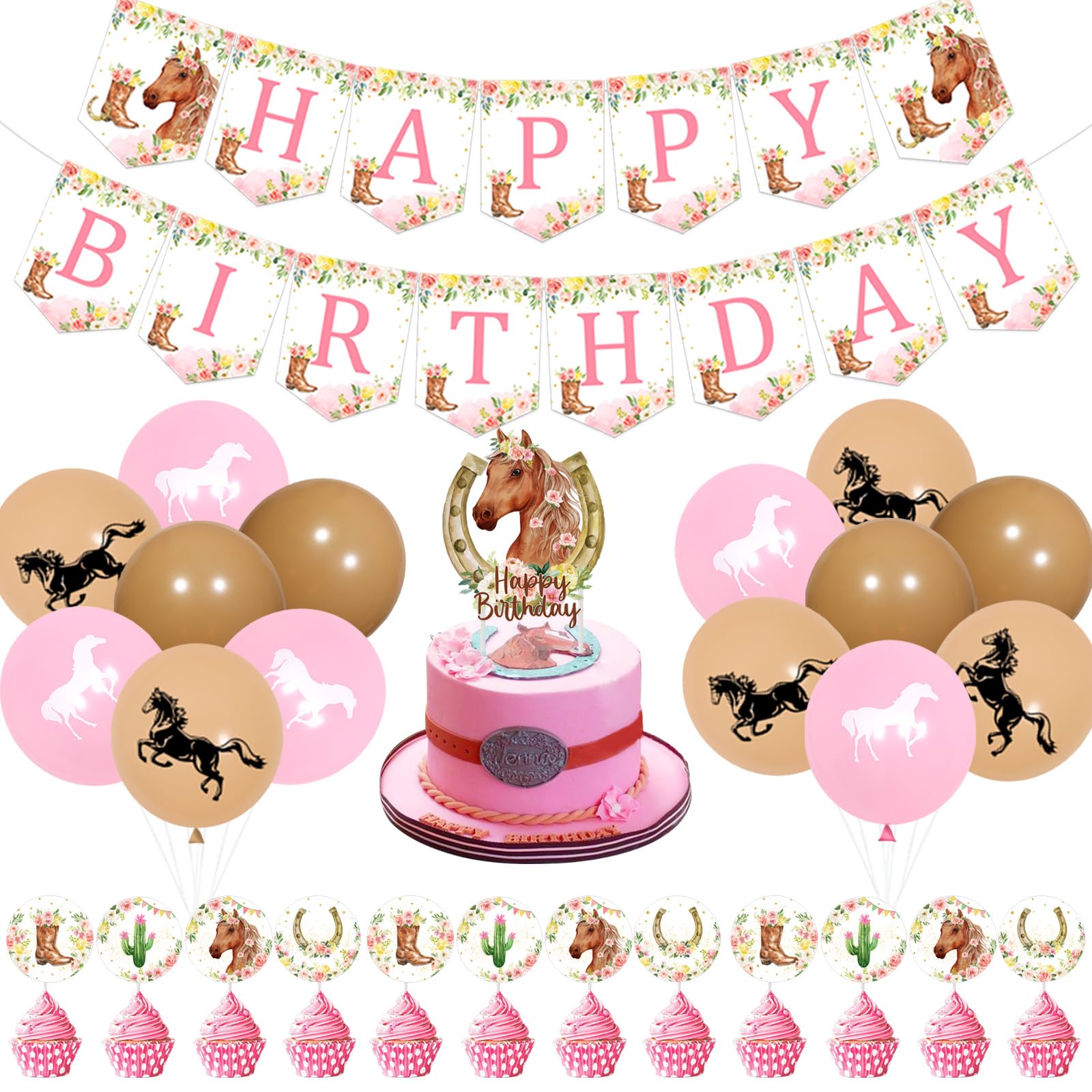 Fangleland Horse Birthday Decorations for Girls - Pink Floral Horse Happy Birthday Banner & Cake Topper & Cupcake Toppers, Horse Balloons Set for Western Cowgirl Birthday Party Supplies
