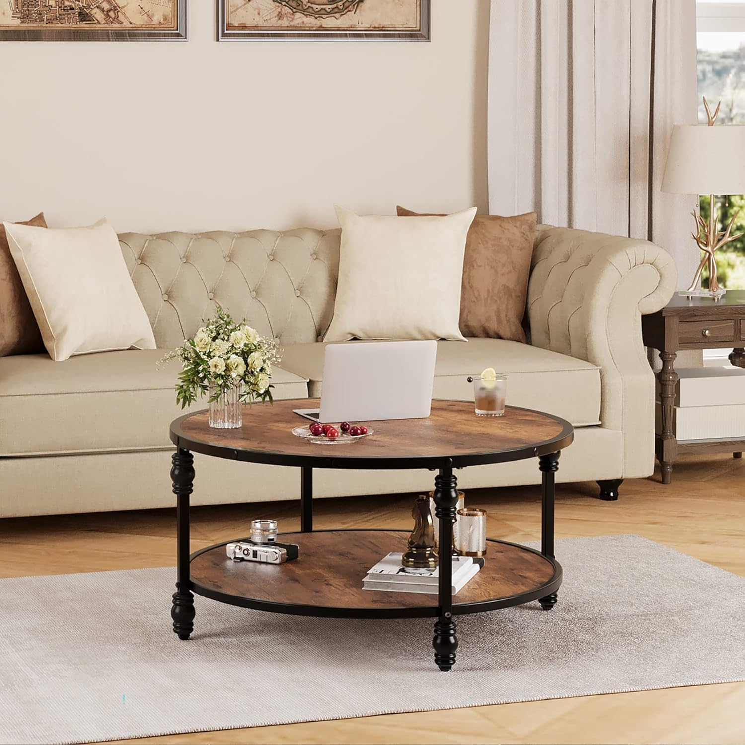 IDEALHOUSE Round Coffee Table for Living Room Rustic Center Table with Storage Shelf Wood Circle Coffee Table with Sturdy Metal Legs, Easy Assembly