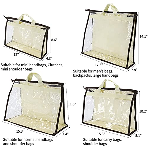HOMOKUS Handbag Storage, 4 PACK Purse Storage Organizer for Closet, Clear Purse Storage Bags, Dust Bags for Purses and Handbags, Space-Saving Handbag Organizer Transparent with Zipper and Handle