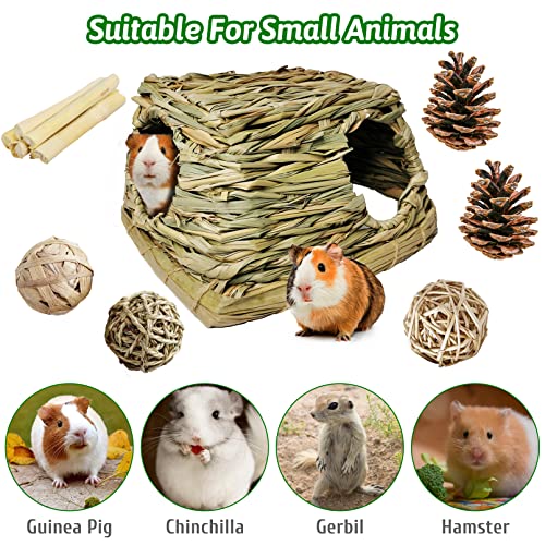 PINVNBY Guinea Pig Grass House with Chew Toys Little Rabbit Natural Hideout Small Pet Grass Hut with Play Toys for Bunny Hamster Rat Chinchilla Hedgehog Squirrel Gerbil(Ball at Random)