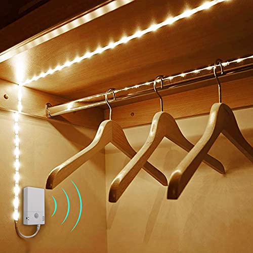 Battery Operated Motion Sensor Cabinet Strip Lights, 9.8Ft 90 LED Counter Closet Strip Light, Motion & Night Sensor Safe Tape Light with 3AA Large Battery for Stairs,Wardrobe,Kitchen (Warm White)
