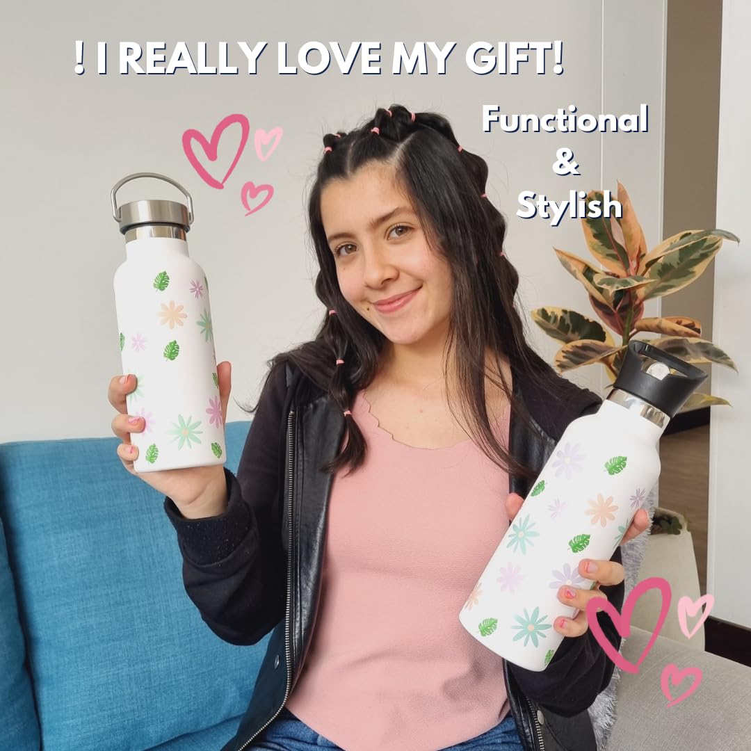 Stainless Steel Water Bottles β Insulated Bottles - Water Bottle with Straw - 2 Lids -1 Gift Box - 20 Oz - air up Water Bottle - Hot/Cold - Gift for her - Preppy Stuff (Flowers)