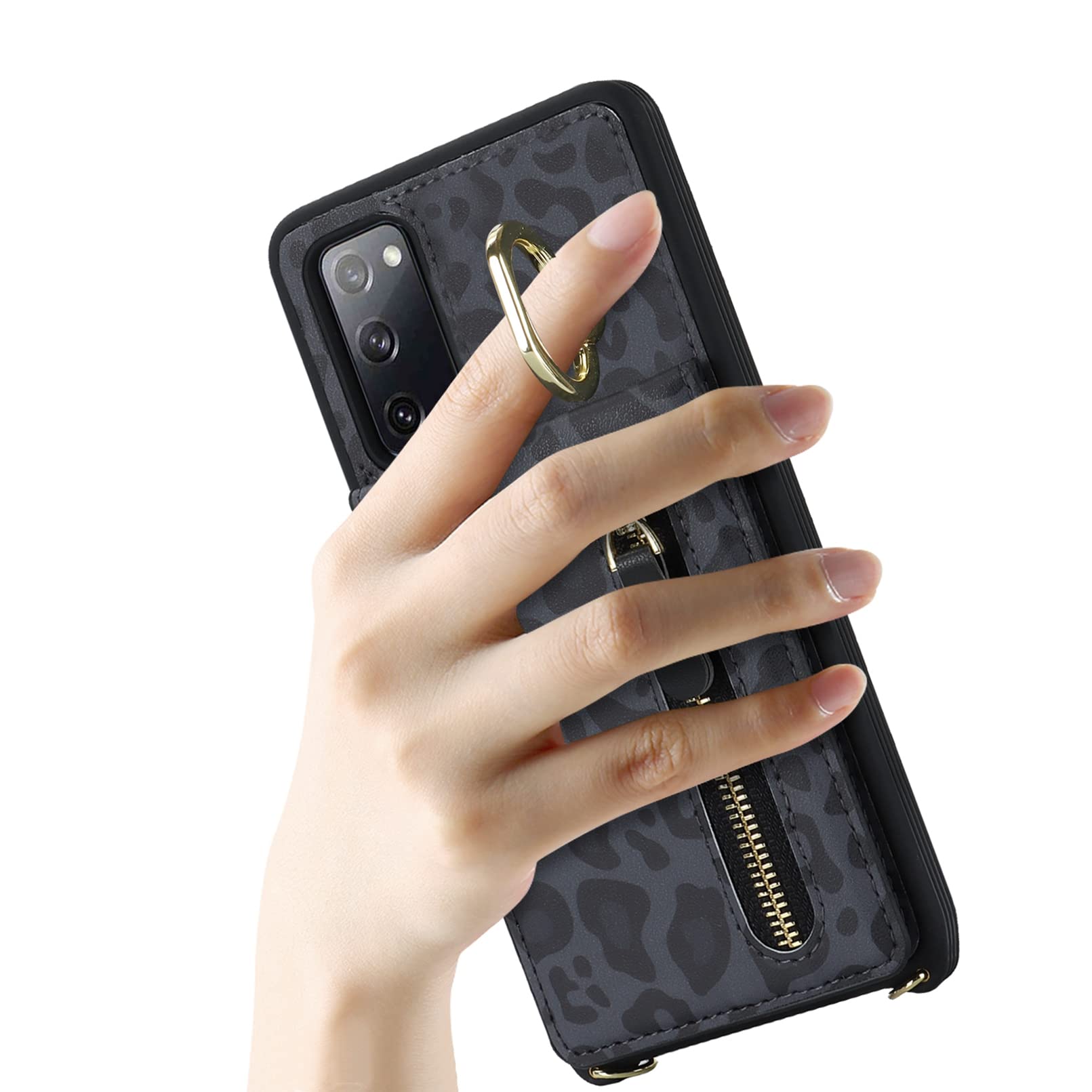 Jaorty for Samsung Galaxy S20 FE 5G Phone Case for Women with Card Holder,Galaxy S20 FE Case Wallet Crossbody Lanyard with Strap,Credit Card Slots Kickstand Case with Ring Holder,6.5",Black Leopard